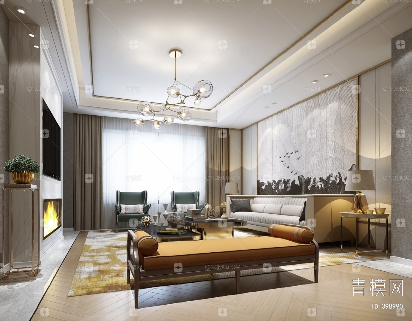 【客厅3D模型】-VR新中式有灯光有贴图MAX2013客厅3d模型下载-ID398990-免费3Dmax模型库 - 青模3d模型网