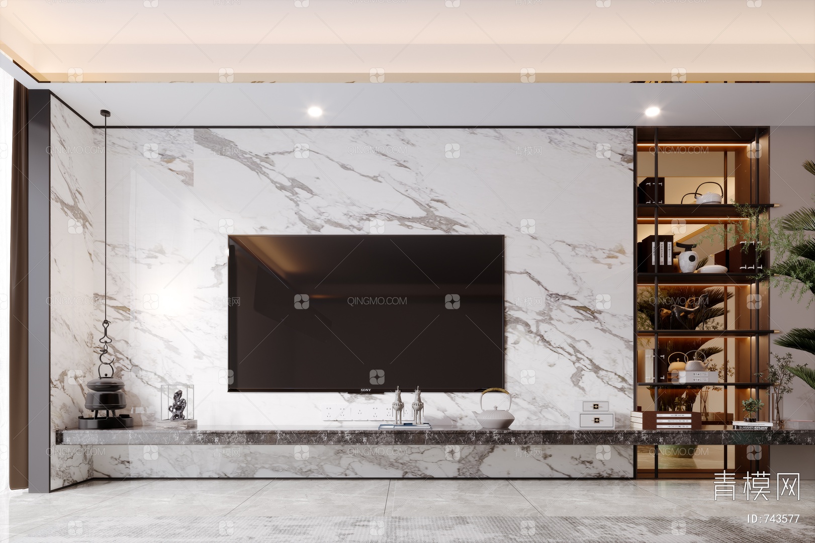 【客厅电视背景墙3D模型】-VR新中式有灯光有贴图MAX2016客厅电视背景墙3d模型下载-ID743577-免费3Dmax模型库 - 青模3d模型网