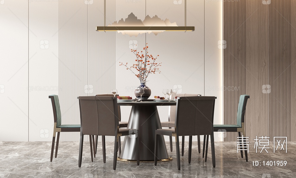 【餐桌椅3D模型】-VR新中式有灯光有贴图MAX2016餐桌椅3d模型下载-ID1401959-免费3Dmax模型库 - 青模3d模型网